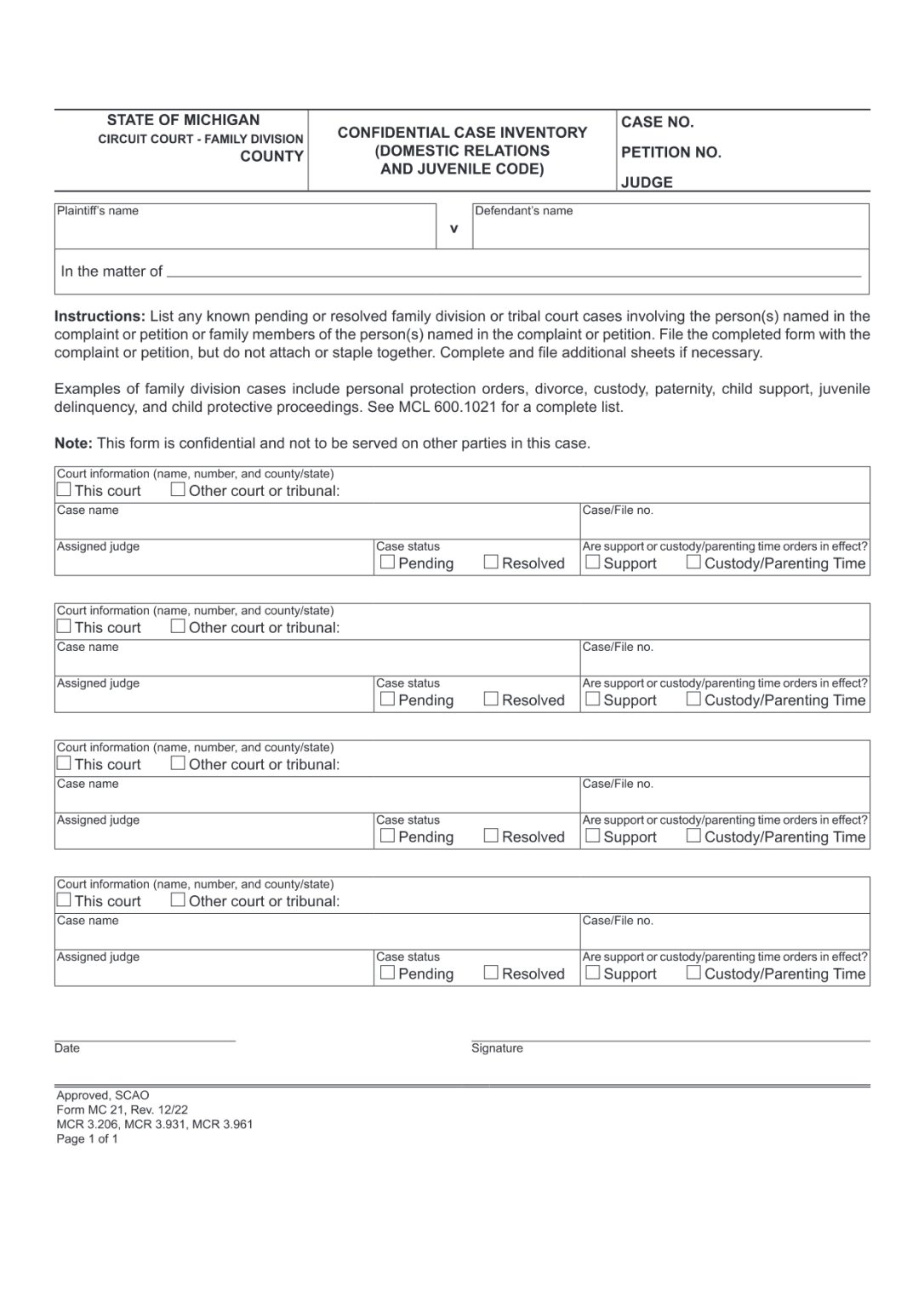 Confidential Case Inventory Michigan - Download Official PDF