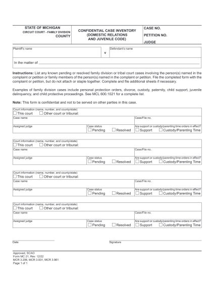 Confidential Case Inventory Michigan - Download Official PDF