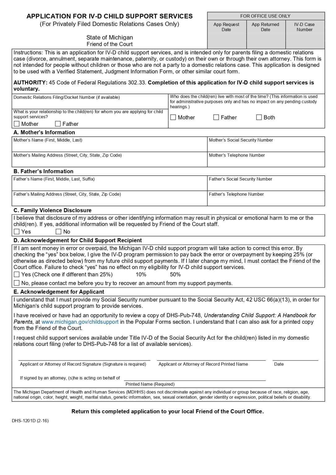 Application for IV-D Child Support Services - Download Official PDF