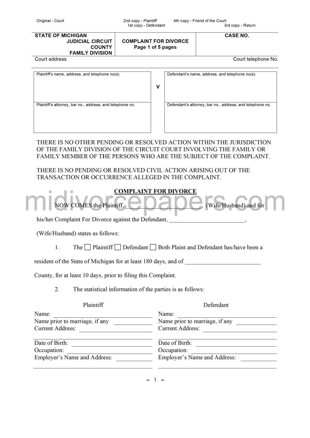 Complaint for Divorce Form Michigan - Download Official PDF
