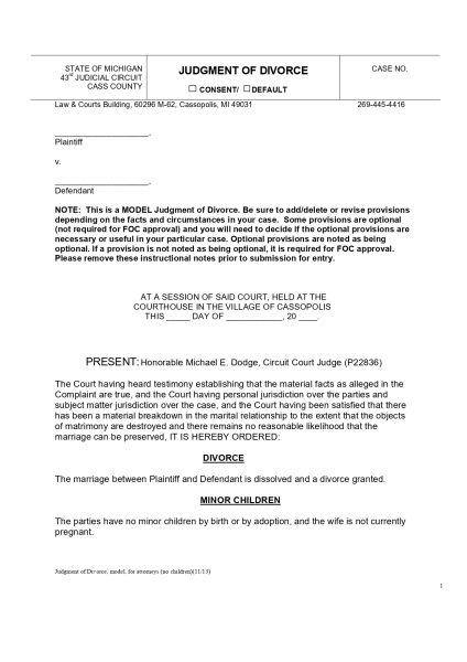 Judgement of Divorce Form Michigan - Download Official PDF