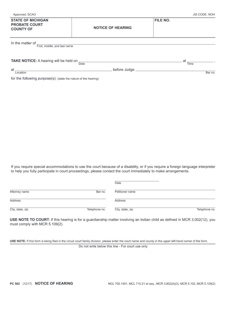 Notice of Hearing Form Michigan - Download Official PDF