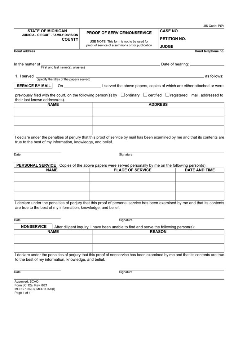 Proof of Service Michigan - Download Official PDF