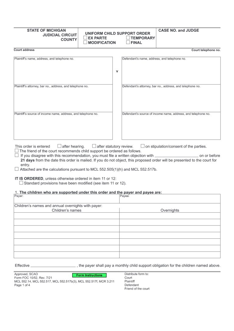 Uniform Child Support Order Michigan - Download Official PDF