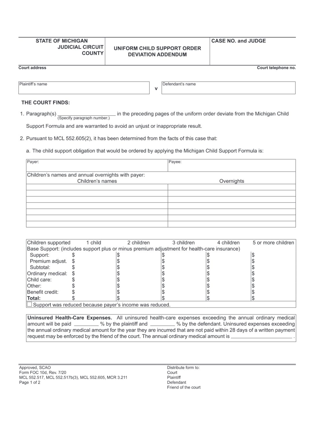 Uniform Child Support Order Deviation Addendum - Download Official PDF