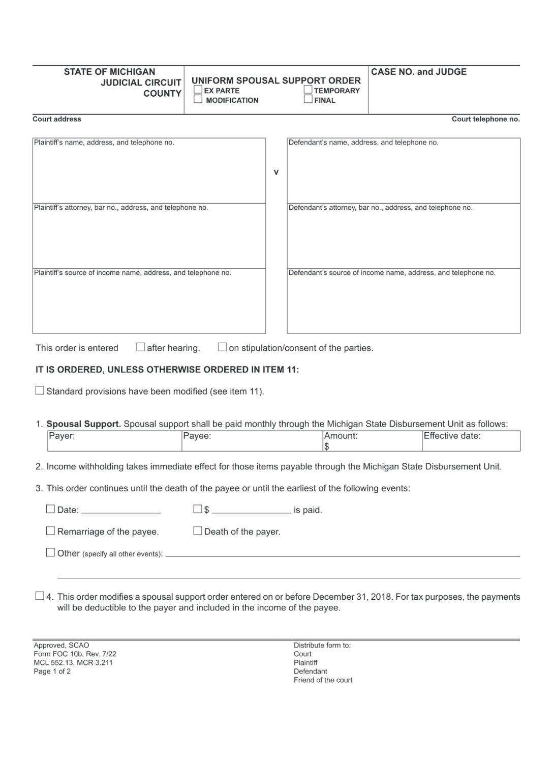 Michigan Uniform Spousal Support Order - Download Official PDF